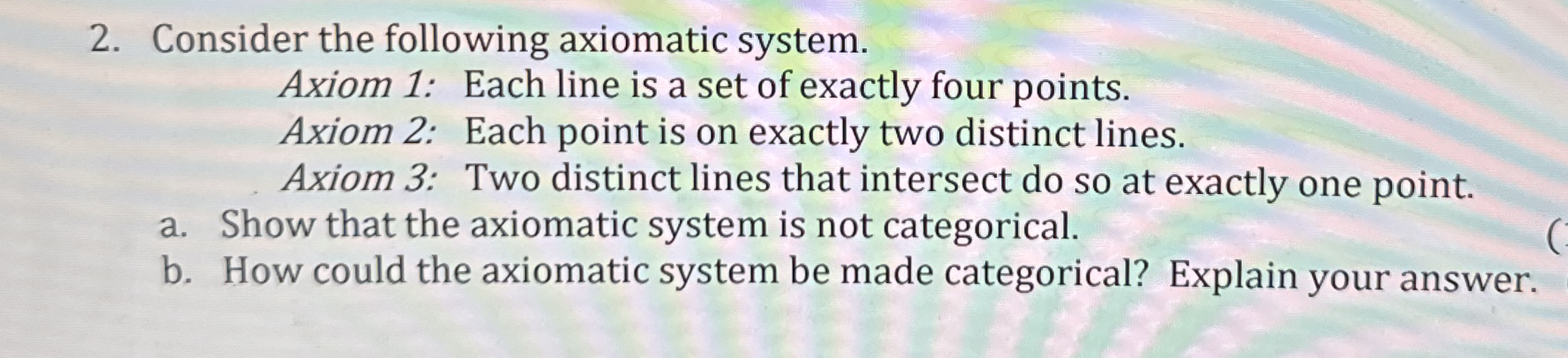 Solved Consider the following axiomatic system.Axiom 1: Each | Chegg.com