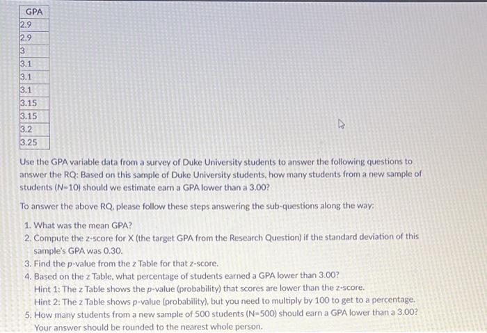 Solved GPA 2.9 2.9 3 3.1 3.1 3.1 3.15 3.15 3.2 3.25 Use the | Chegg.com