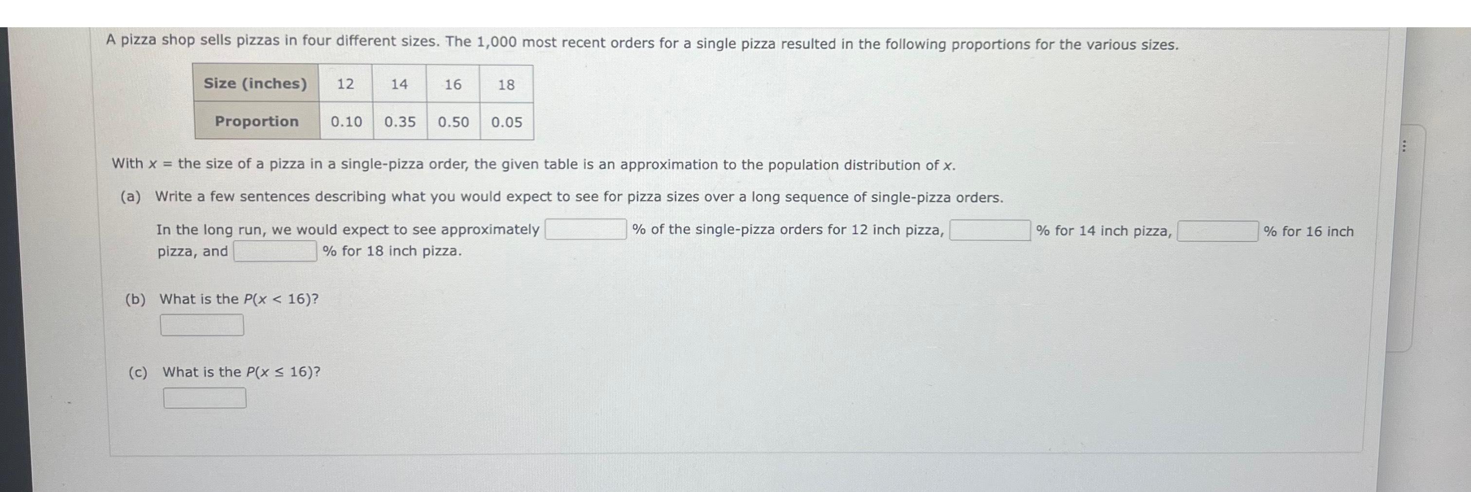 Solved A pizza shop sells pizzas in four different sizes. | Chegg.com