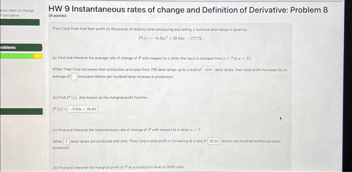 Solved HW 9 Instantaneous rates of change and Definition of | Chegg.com