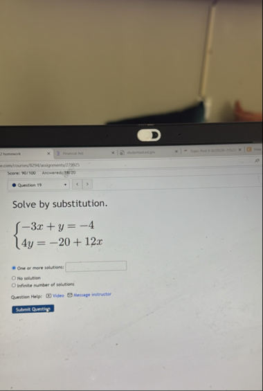 Solved Solve by substitution.-3x y=-44y=-20 12xOne or more | Chegg.com