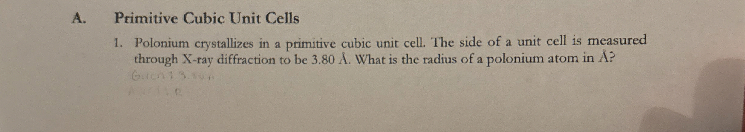 Solved A. ﻿Primitive Cubic Unit CellsPolonium crystallizes | Chegg.com