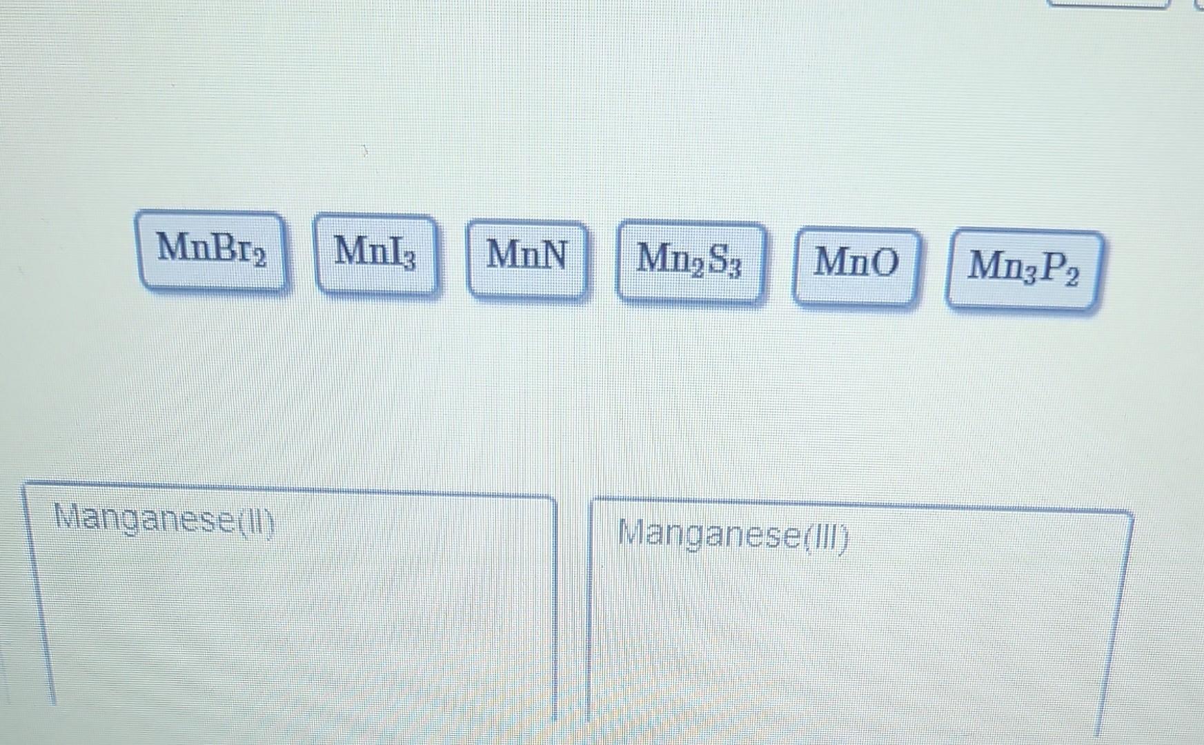 Solved MnBr2 MnI3 MnN Mn2 S3 MnOMn3P2 Manganese(II) | Chegg.com