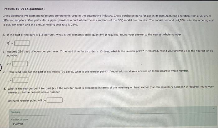 Solved Problem 10-09 (Algorithmic) Cress Electronic Products | Chegg.com