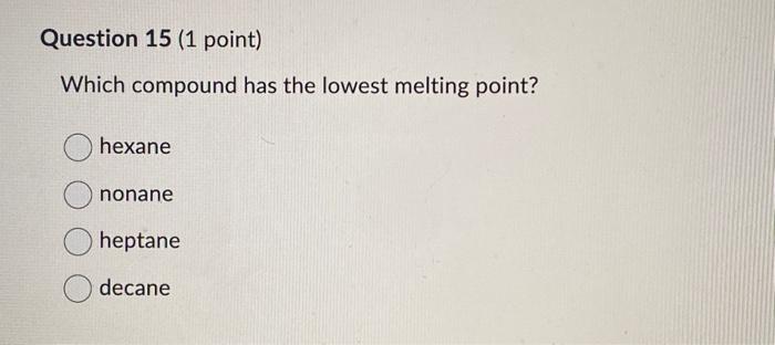 Solved Which compound has the lowest melting point? hexane | Chegg.com