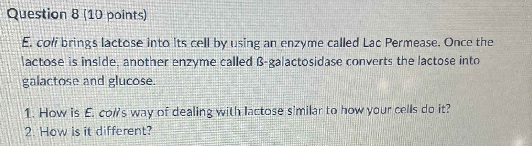 Solved Question 8 (10 ﻿points)E. ﻿coli brings lactose into | Chegg.com