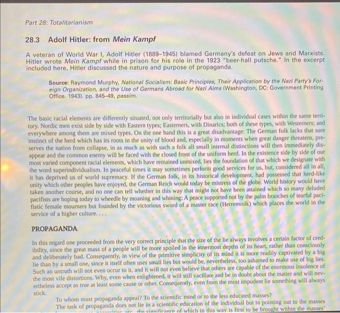 Solved Part 28: Totalitarianism 28.3 Adolf Hitler: from Mein | Chegg.com