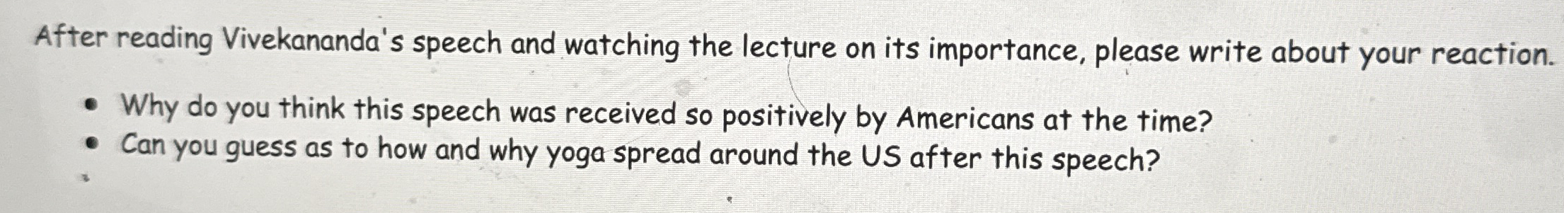 Solved After reading Vivekananda's speech and watching the | Chegg.com