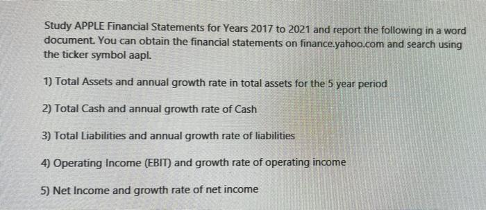 Study APPLE Financial Statements for Years 2017 to | Chegg.com