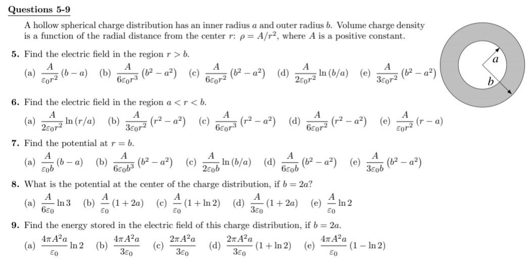 Solved Questions 5-9 A hollow spherical charge distribution | Chegg.com