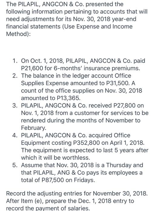 Solved The PILAPIL, ANGCON & Co. presented the following | Chegg.com
