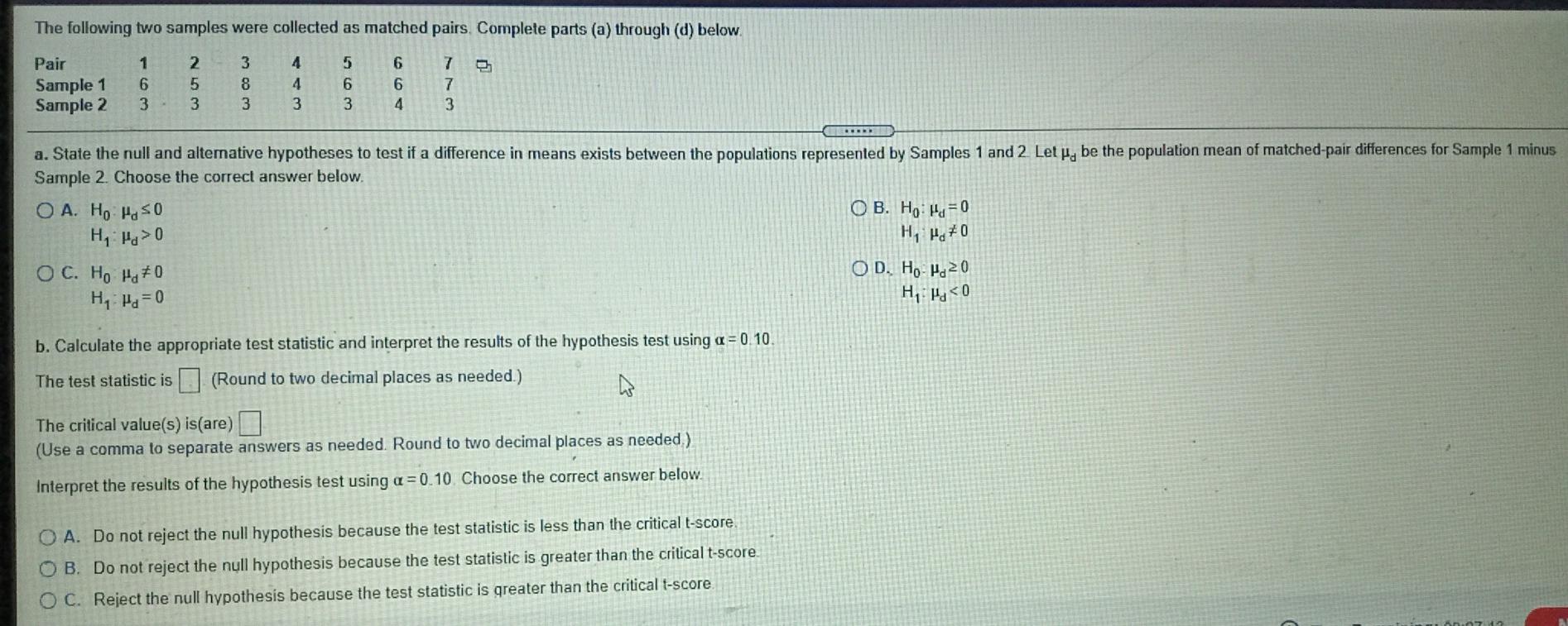 Solved The following two samples were collected as matched | Chegg.com