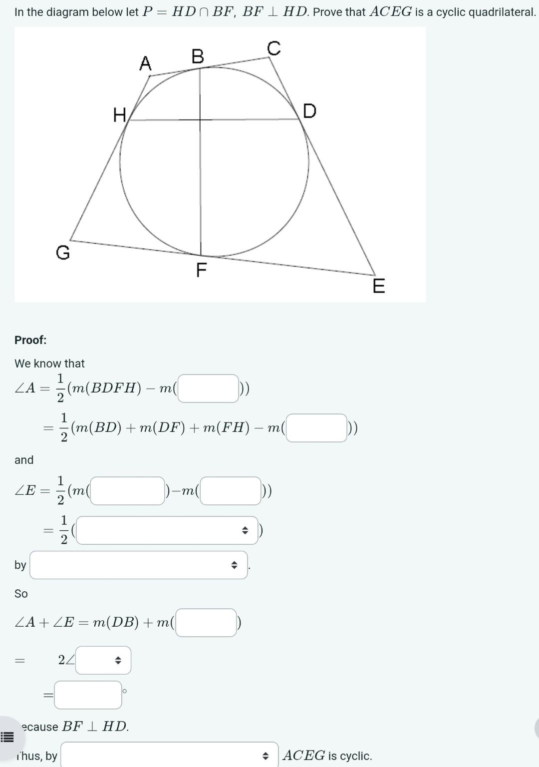 Solved In the diagram below let P=HD∩BF,BF⊥HD. Prove that | Chegg.com