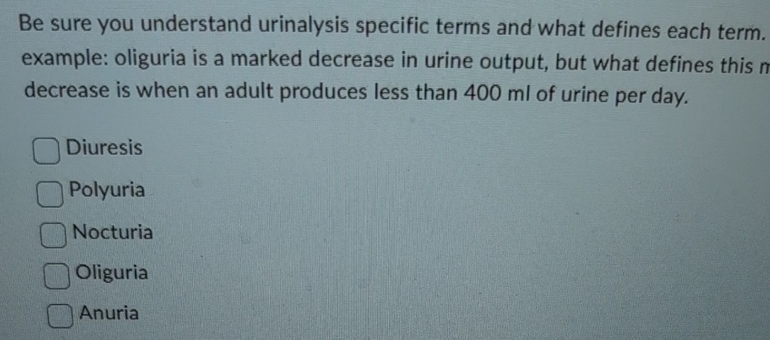 Solved Be sure you understand urinalysis specific terms and | Chegg.com