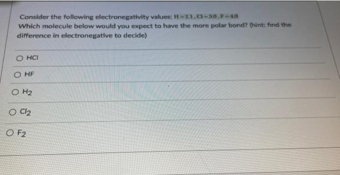 Solved Consider the following electronegativity values: | Chegg.com
