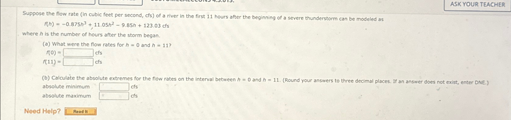 Solved Suppose the flow rate (in cubic feet per second, cfs) | Chegg.com