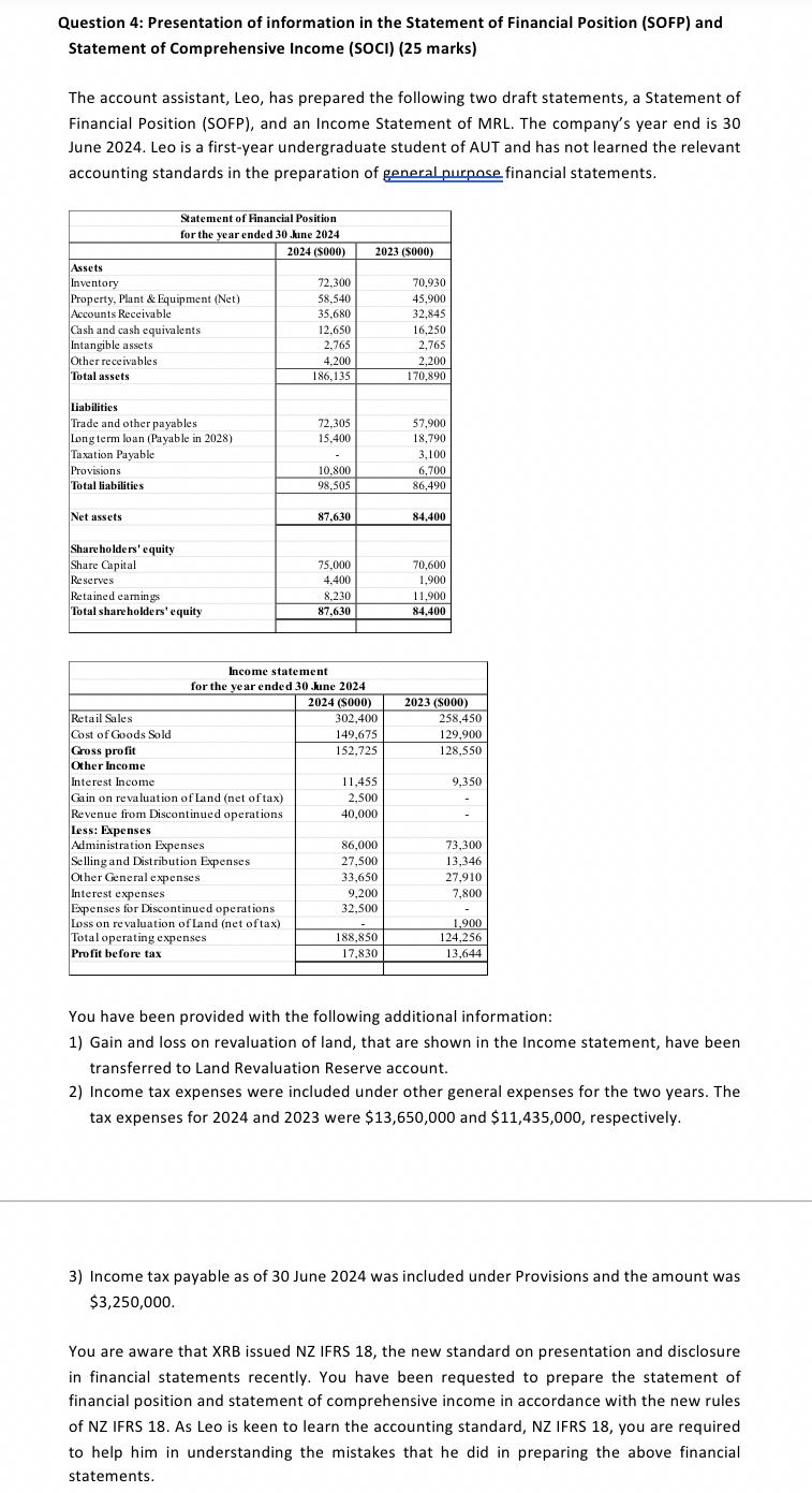 Solved Question 4: Presentation of information in the | Chegg.com