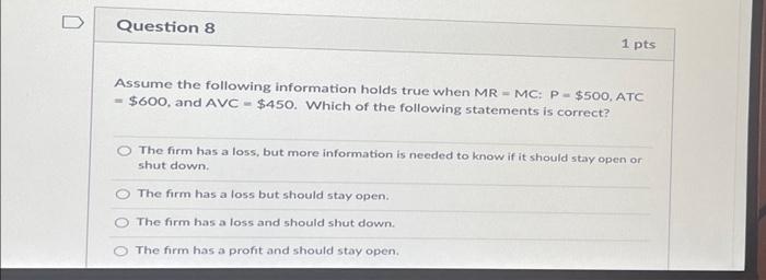 Solved Question 8 Assume the following information holds | Chegg.com