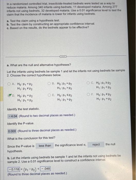 Solved In a randomized controlled trial, insecticide-treated | Chegg.com