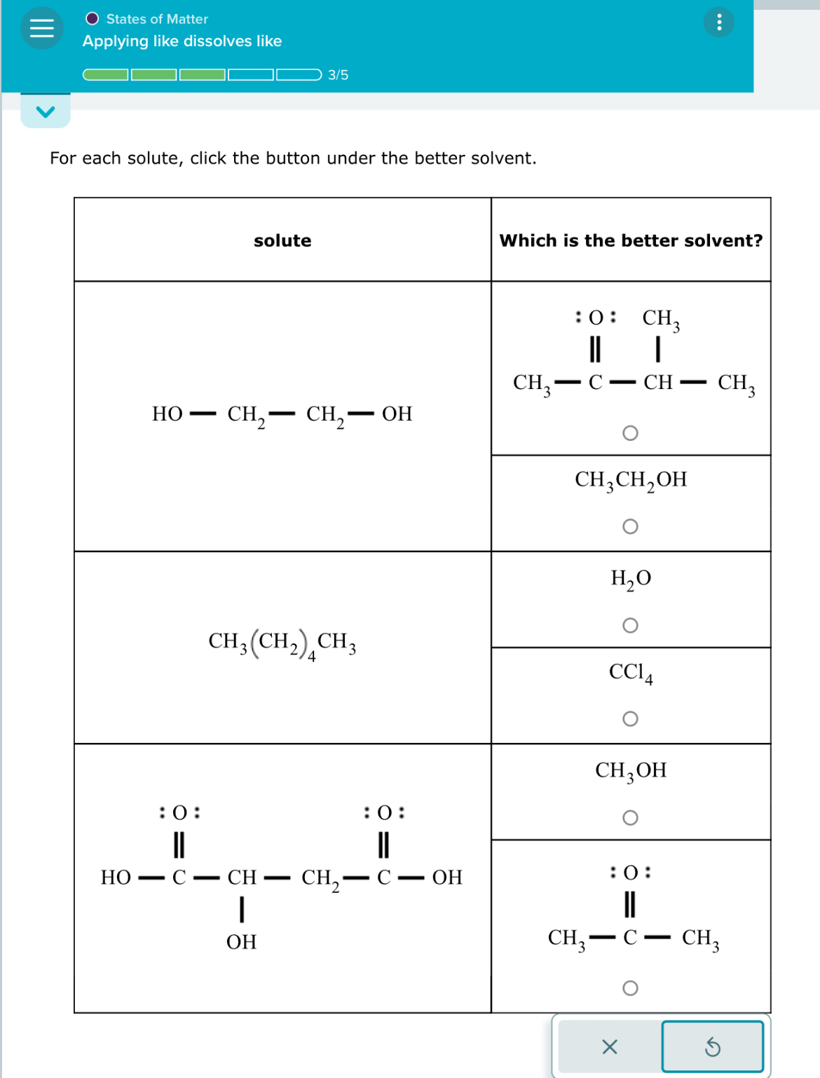 Solved For each solute, click the button under the better | Chegg.com