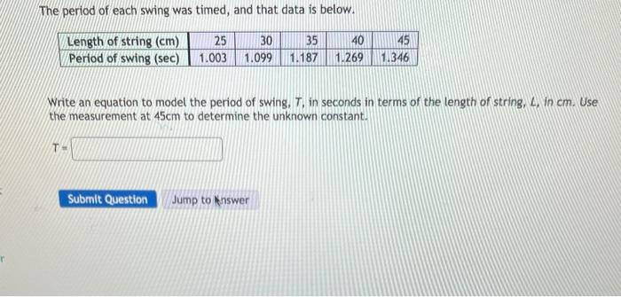 Solved The period of each swing was timed, and that data is | Chegg.com