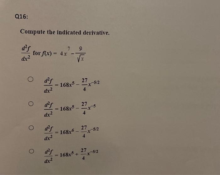 Solved Compute the indicated derivative. dx2d2f for | Chegg.com