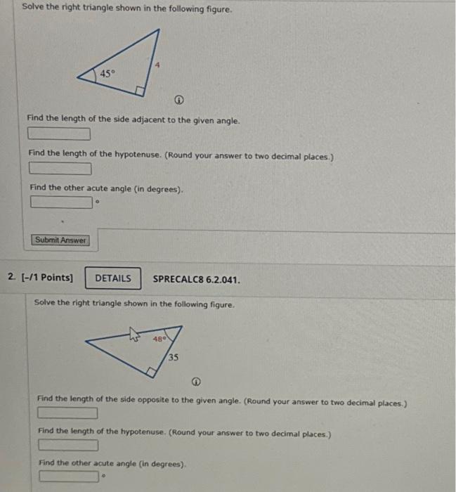 Solved Solve the right triangle shown in the following | Chegg.com