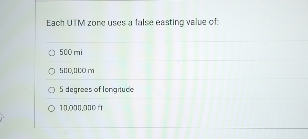 Solved Each UTM zone uses a false easting value of:500 | Chegg.com