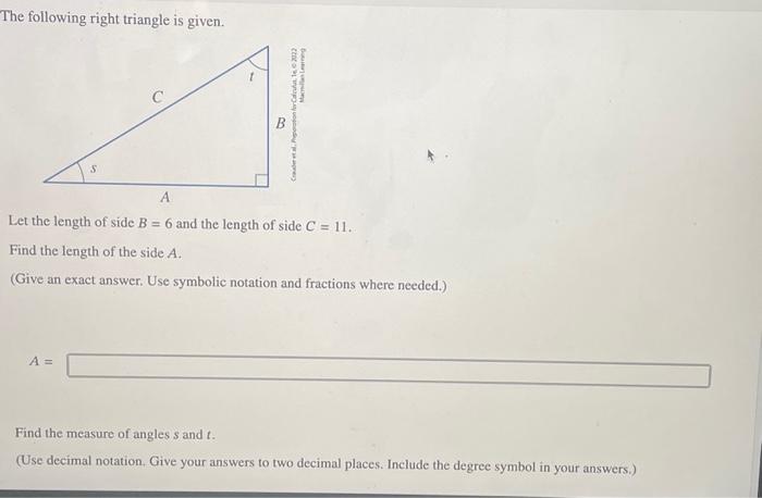 Solved The following right triangle is given. Let the length | Chegg.com