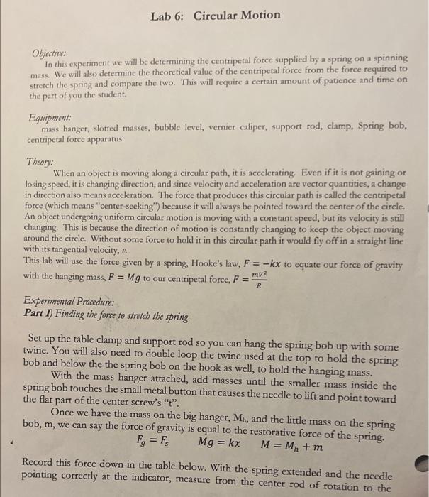 Solved Lab 6: Circular Motion Objective: In this expcriment | Chegg.com