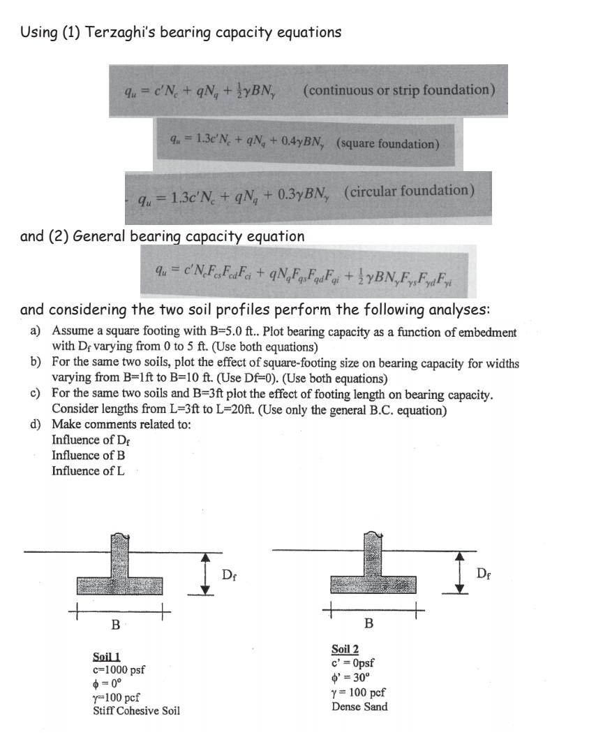 Solved Using (1) Terzaghi's bearing capacity equations | Chegg.com