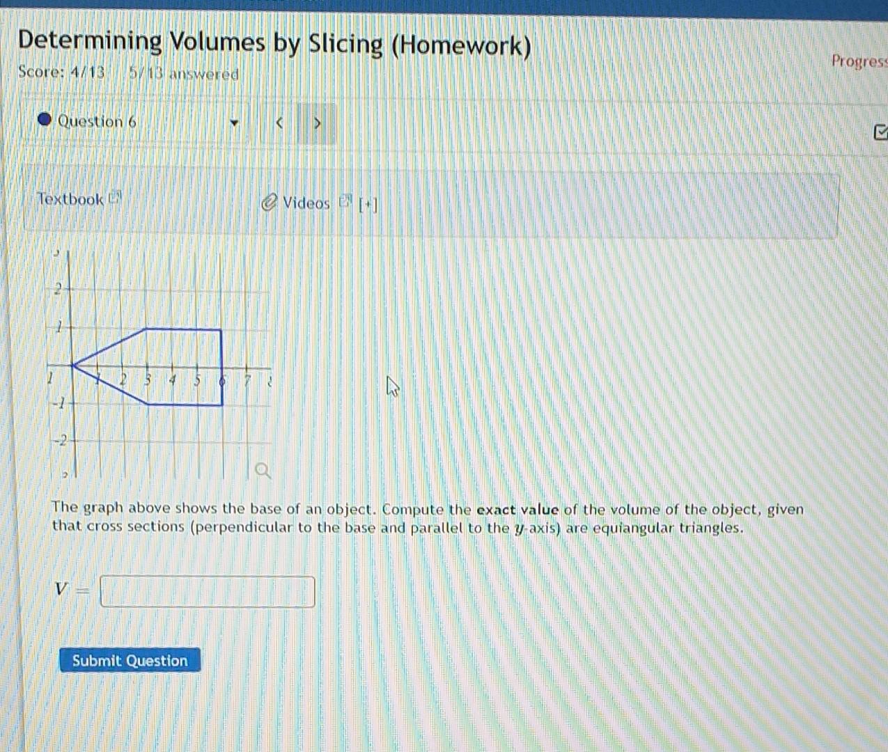 Solved Determining Volumes by Slicing (Homework) Score: 4/13 | Chegg.com