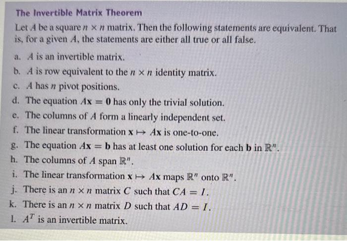 Solved The Invertible Matrix Theorem Let A be a square n×n | Chegg.com