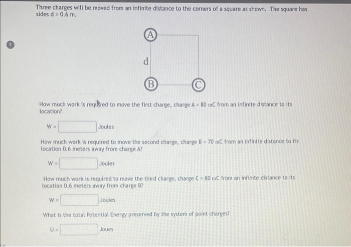 Solved Three charges will be moved from an infinite distance | Chegg.com