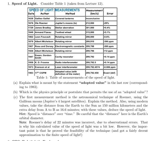Solved 1. Speed of Light. Consider Table 1 (taken from | Chegg.com