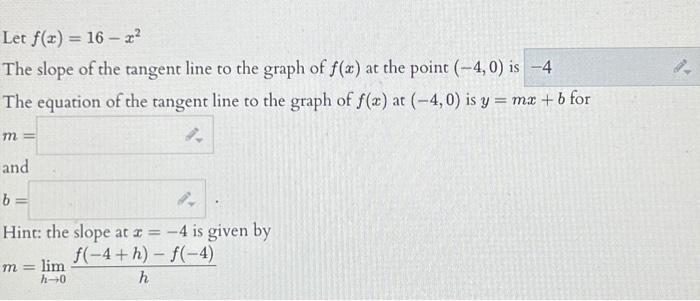 Solved Let f(x)=16−x2 The slope of the tangent line to the | Chegg.com
