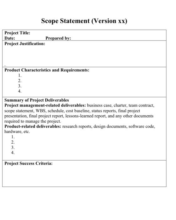 Solved Scope Statement (Version xx ) Project Title: Date: | Chegg.com