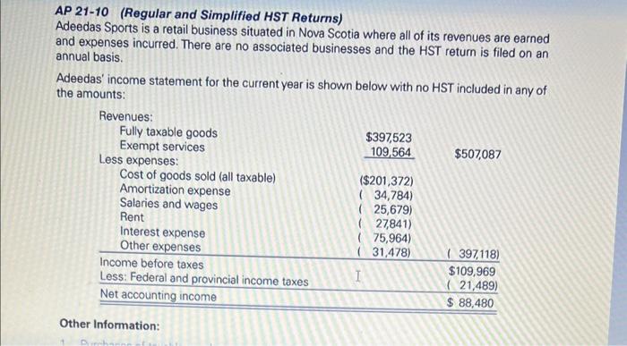 AP 21-10 (Regular and Simplified HST Returns) Adeedas | Chegg.com