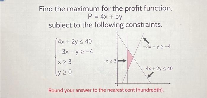 Solved Find the maximum for the profit function, P = 4x + 5y | Chegg.com