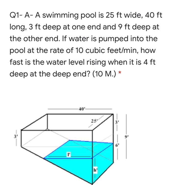 Solved Q1- A- A swimming pool is 25 ft wide, 40 ft long, 3 | Chegg.com