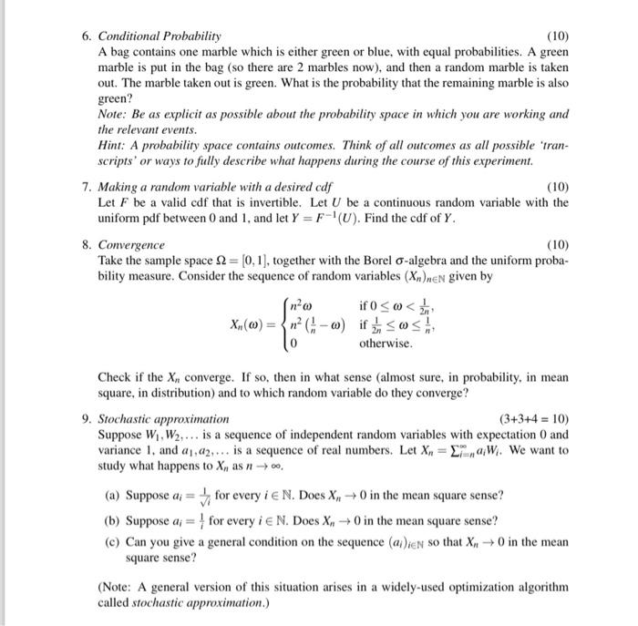 Solved 6. Conditional Probability A bag contains one marble | Chegg.com