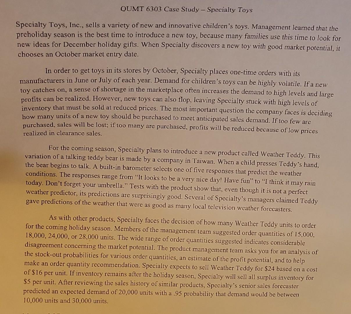 Solved QUMT 6303 Case Study - Specialty Toys Specialty Toys, | Chegg.com