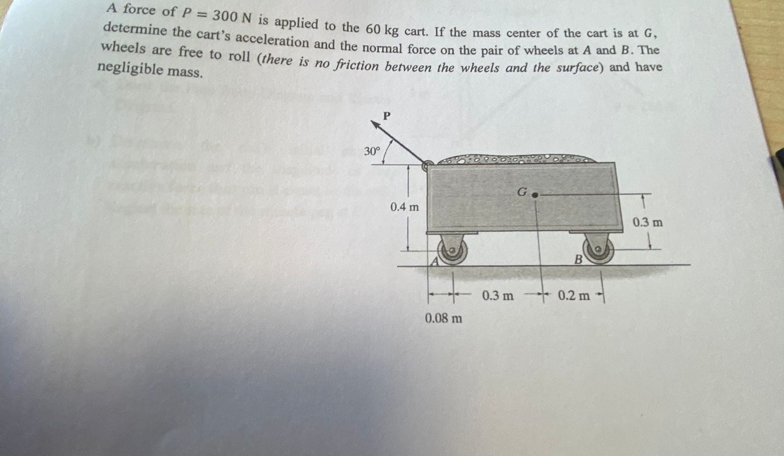 Solved A force of P=300N ﻿is applied to the 60 ﻿kg cart. If | Chegg.com