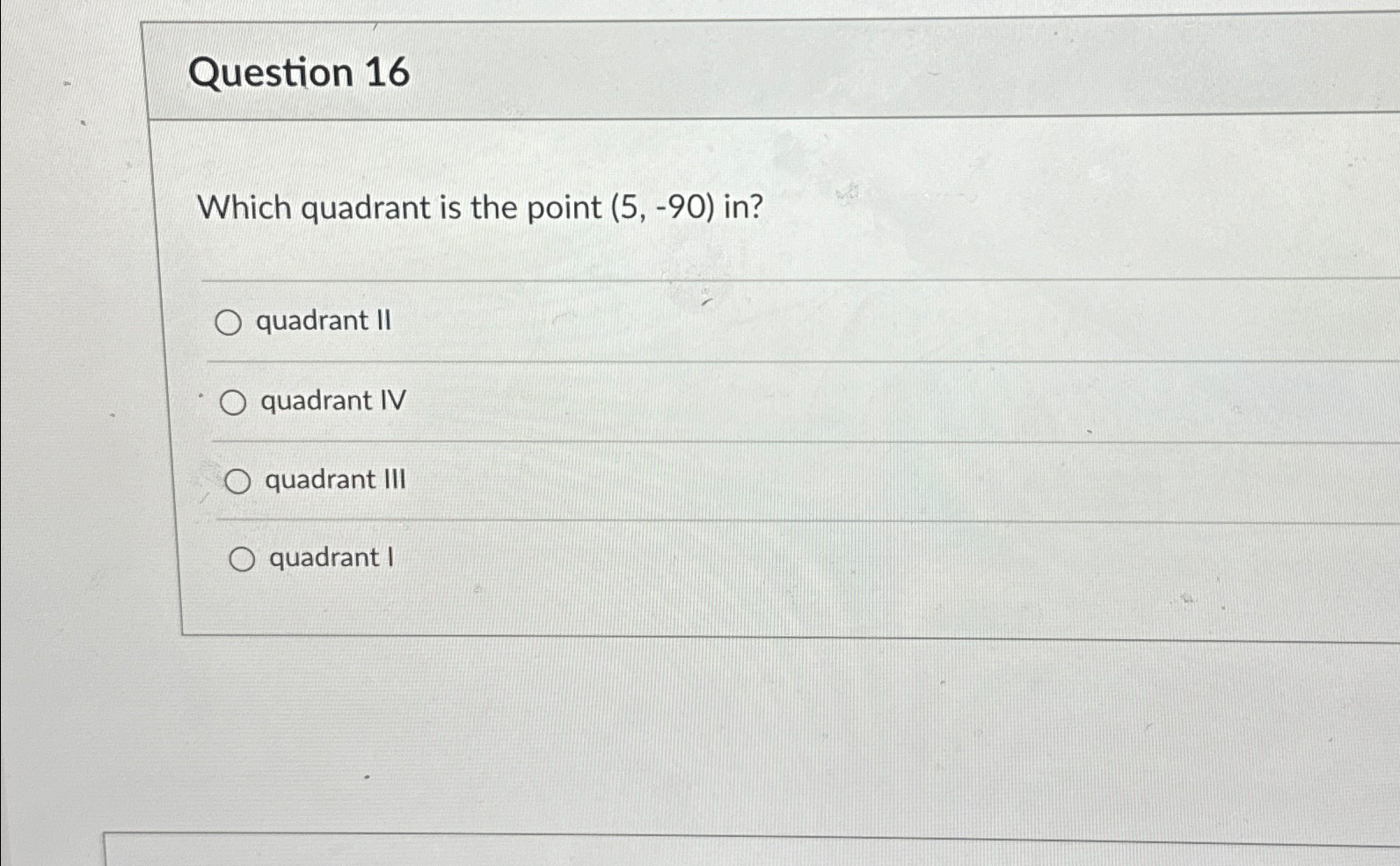 Solved Question 16Which quadrant is the point (5,-90) | Chegg.com