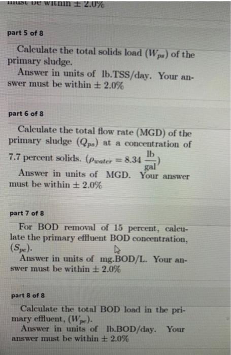 Solved part 1 of 8 For four primary clarifiers in parallel | Chegg.com