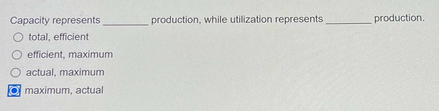 Solved Capacity represents ﻿production, while utilization | Chegg.com