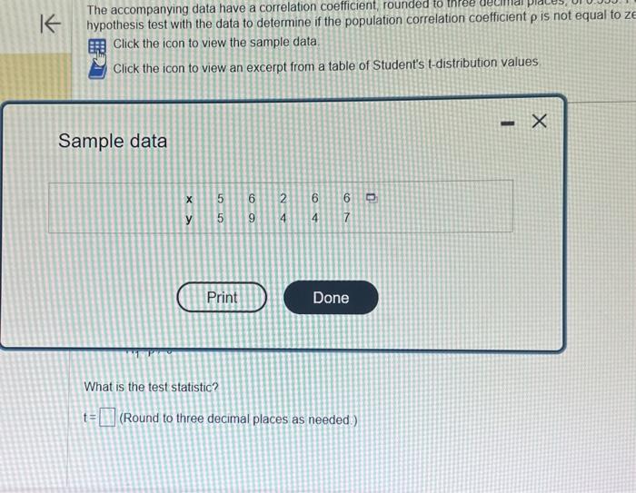 The accompanying data have a correlation coefficient, | Chegg.com