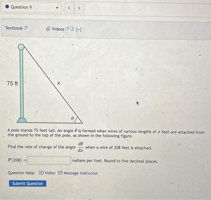 Solved A pole stands 75 feet tall. An angle θ is formed when | Chegg.com