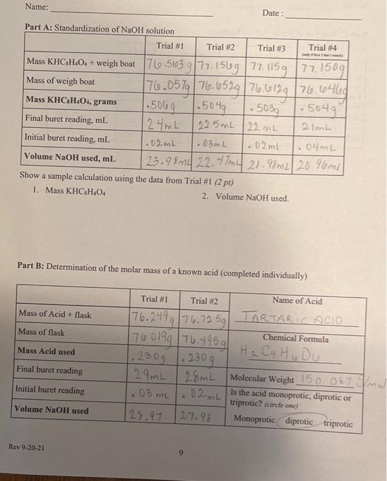 Solved Name: Date: Part A: Standardization of NaOH solution | Chegg.com