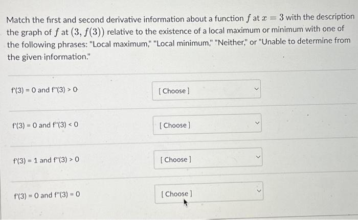 Solved Match the first and second derivative information | Chegg.com